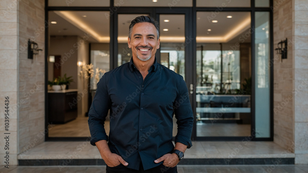 Latin med spa owner smiling at the camera in front of the clinic with ...