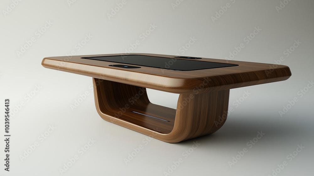 A 3D model of a wireless charging table with an elegant wooden surface ...
