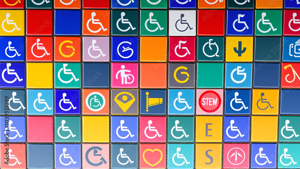 Colorful tiled background featuring diverse disability symbols ...