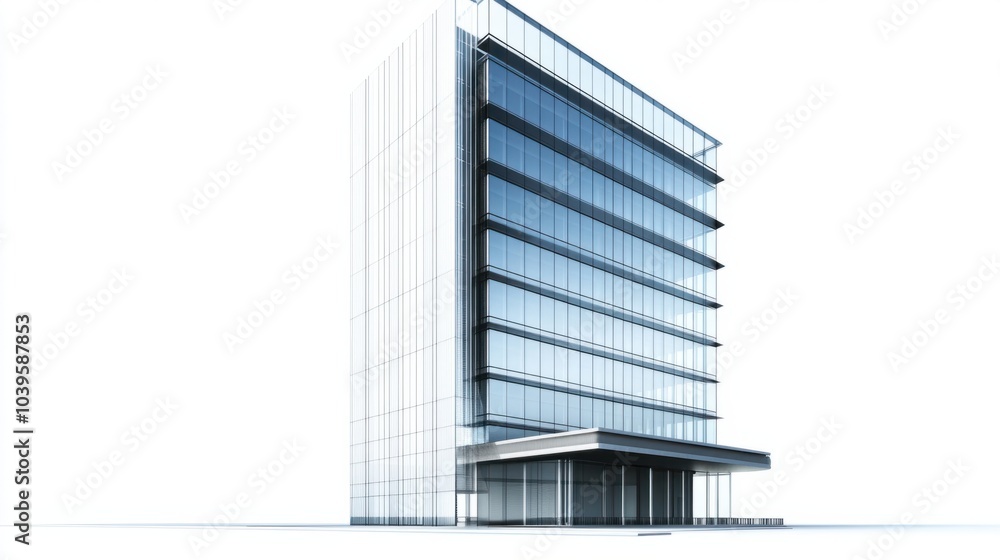 Urban office tower with clean, linear design and reflective glass ...