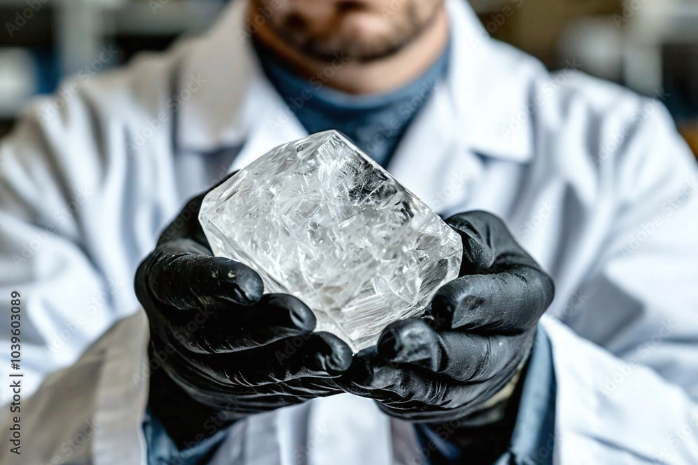A man in a white coat and black rubber gloves holding a large huge ...