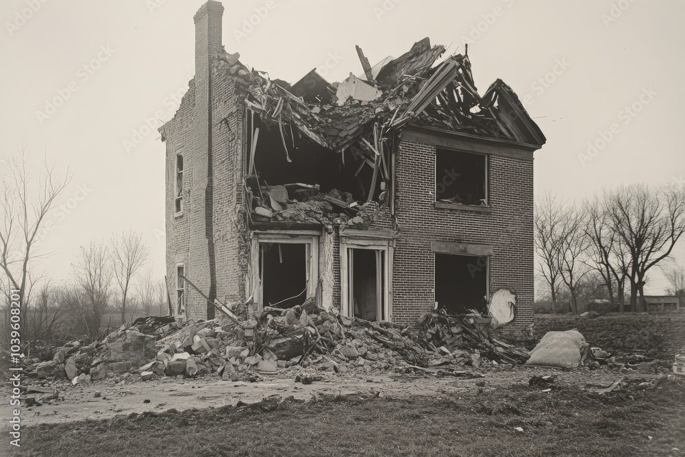A severely damaged brick house with collapsed roof and walls ...