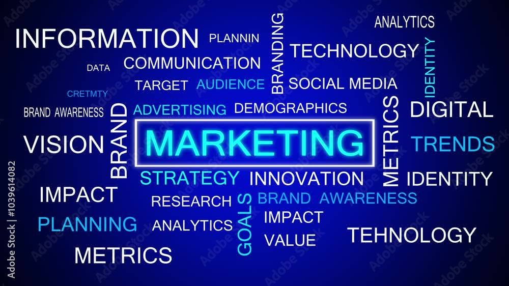 Marketing Word Cloud with Colorful Glowing Words and Black Background ...