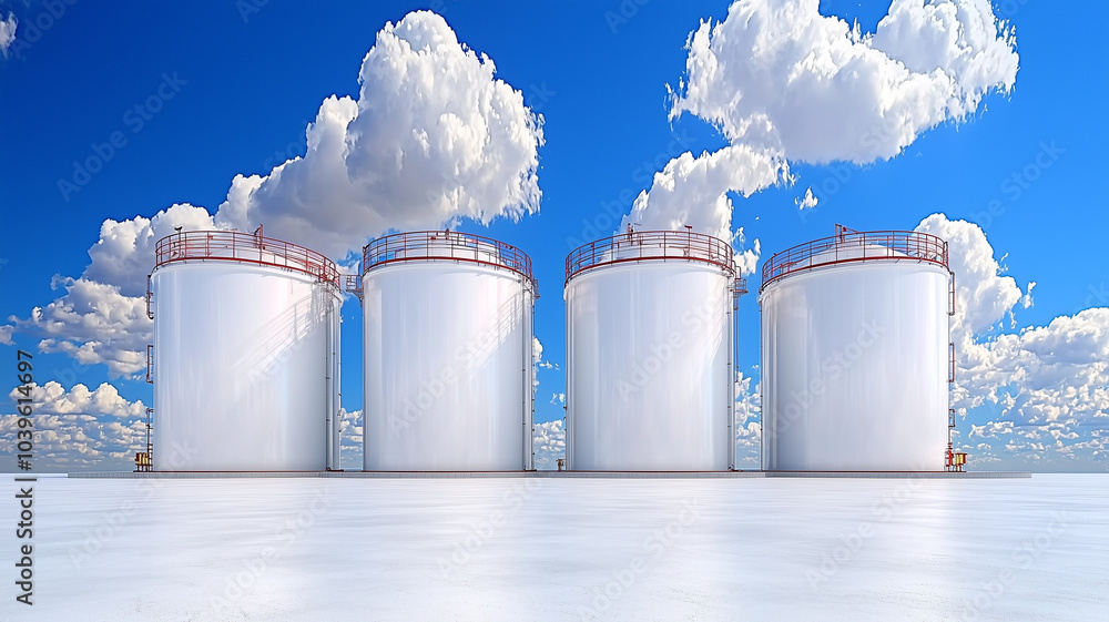 Large industrial storage tanks stand against bright blue sky with ...