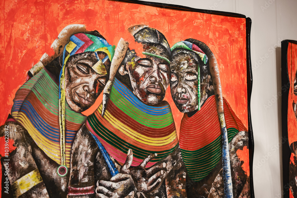 Luanda, Angola - May 17, 2024: Colorful artwork depicting three women ...