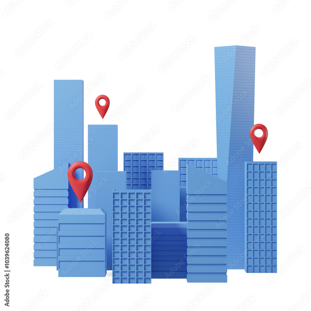 Blue 3D city buildings with red pins representing locations, isolated ...