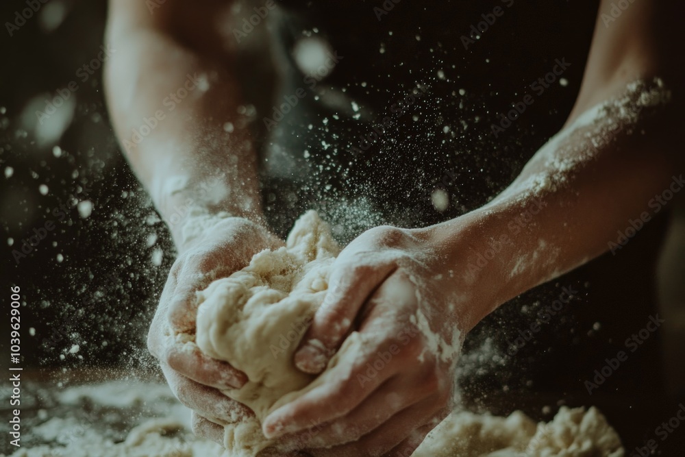 Hands working with dough, dusted with flour, creating a dynamic and ...