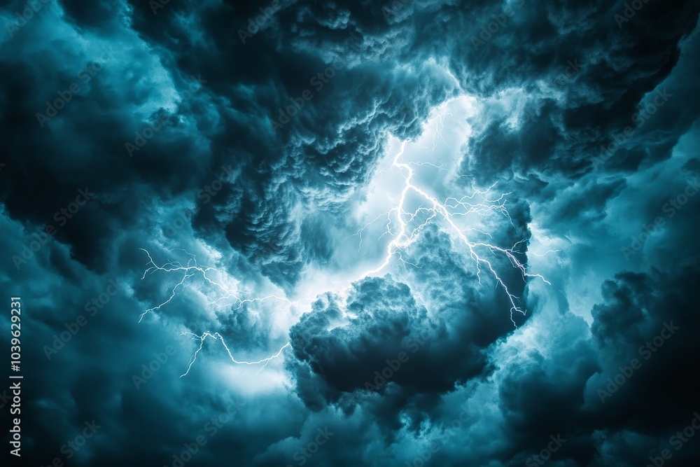Dark, intense blue storm clouds dominate the sky with a bright, dramatic lightning strike ...