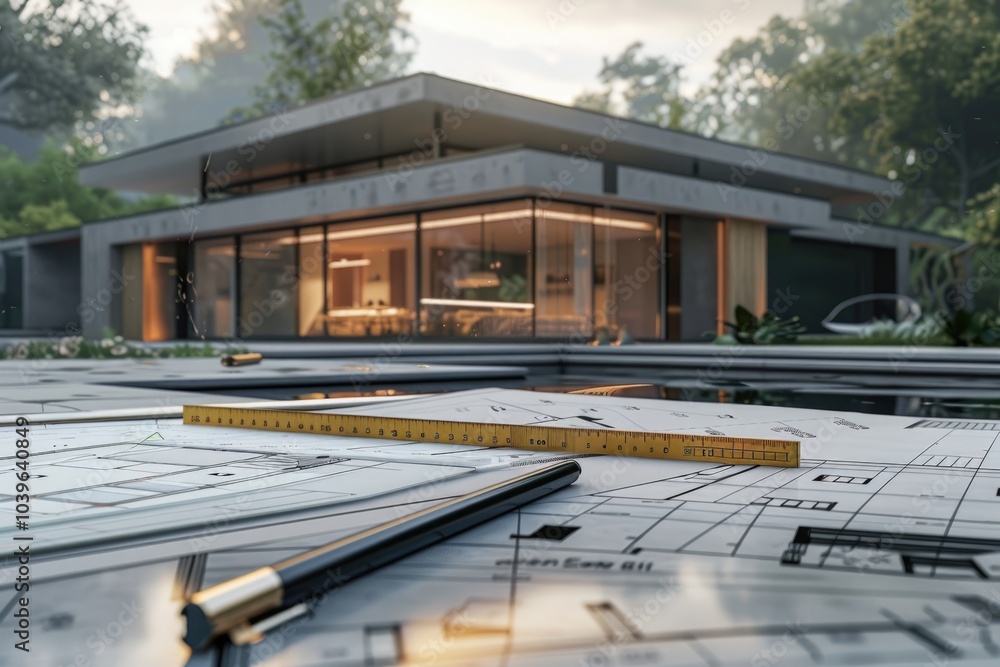 metric folding ruler and architectural drawings of the modern house ...