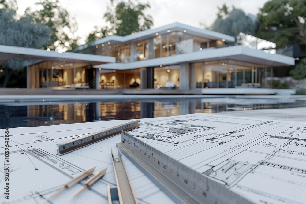 metric folding ruler and architectural drawings of the modern house ...