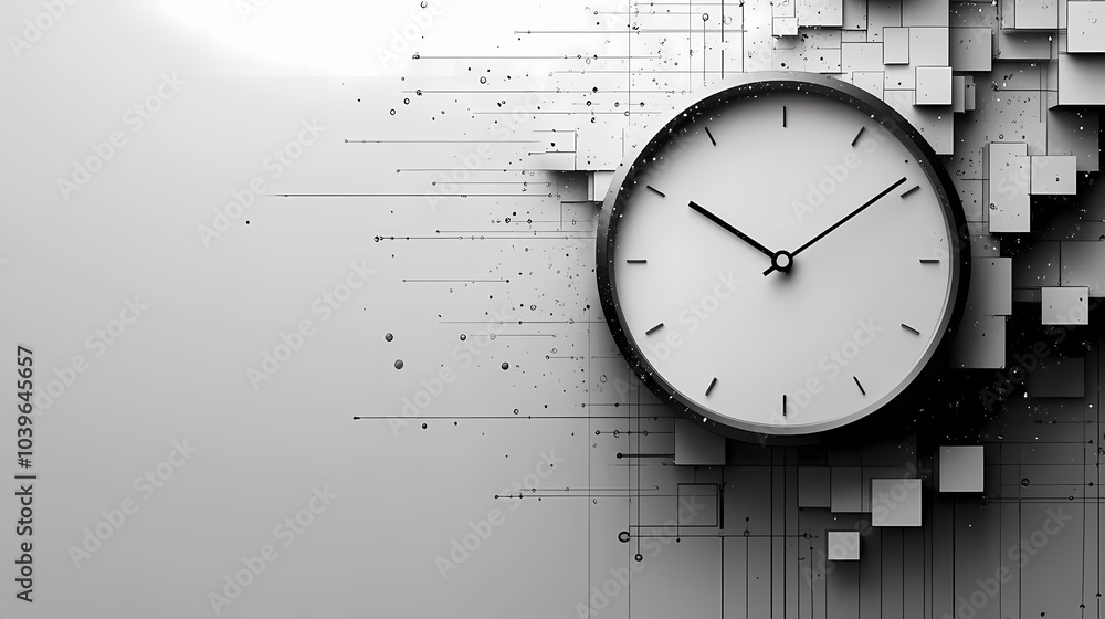 A black and white clock with simple black hands on a white background ...