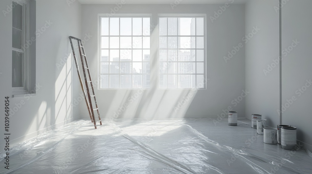 Newly renovated empty room featuring bright white walls, a step ladder ...