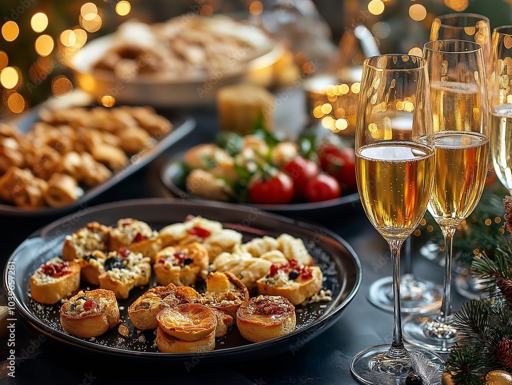 Close-up of a buffet table at a New Year's Eve party, filled with hors ...