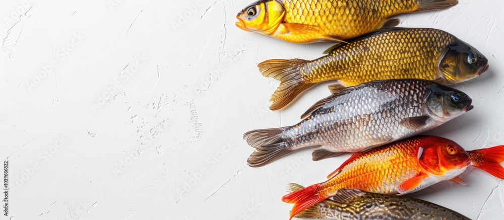 Copy space image of freshwater fish like perch crucian carp and sunfish ...