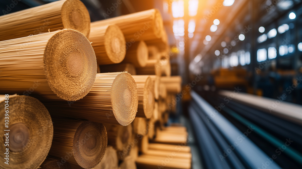 Neatly stacked pine wood planks in an organized factory storage area ...