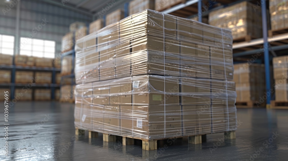 Foto de Interior of Storage Warehouse Stacked of Package Boxes Wrapped ...