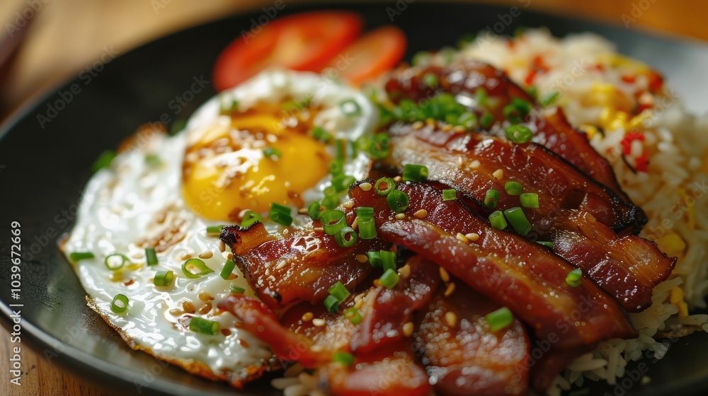 Photof of freshly cooked Filipino food called Bacsilog or fried bacon ...