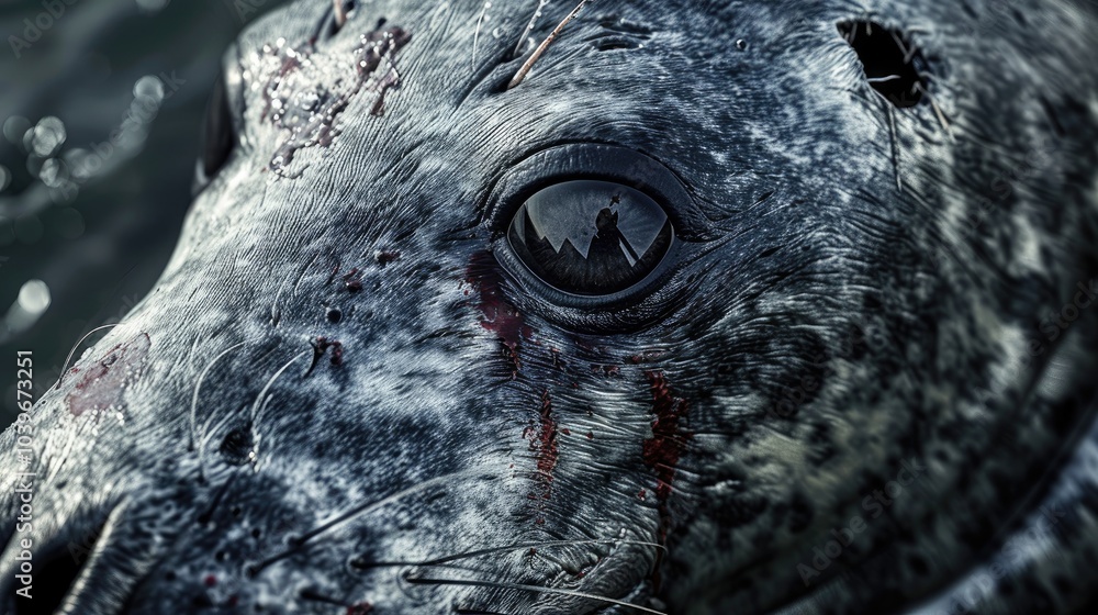 Dead grey seal Horrific zombie looking face of animal with bloody eye ...