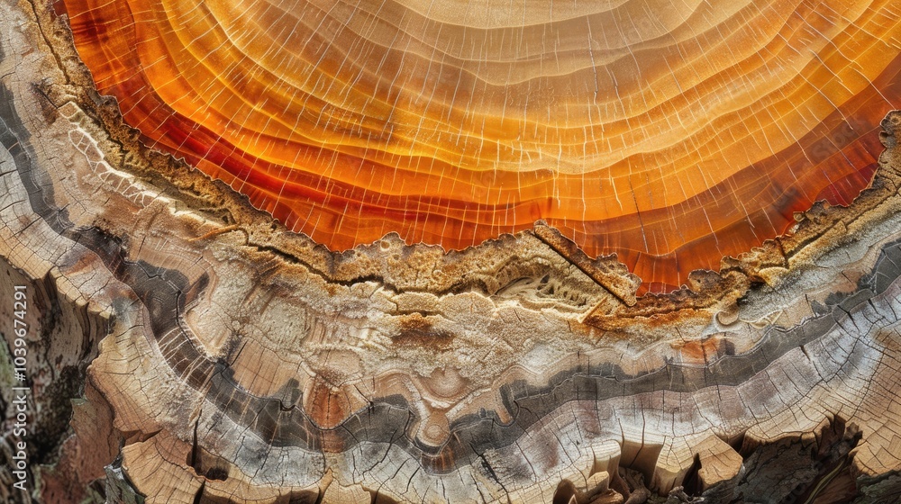 Forest science Cross section of sawn aspen show structure of tree bark ...