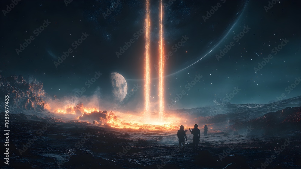 Astronauts examining levitating alien relics on a cratered moon, with ...