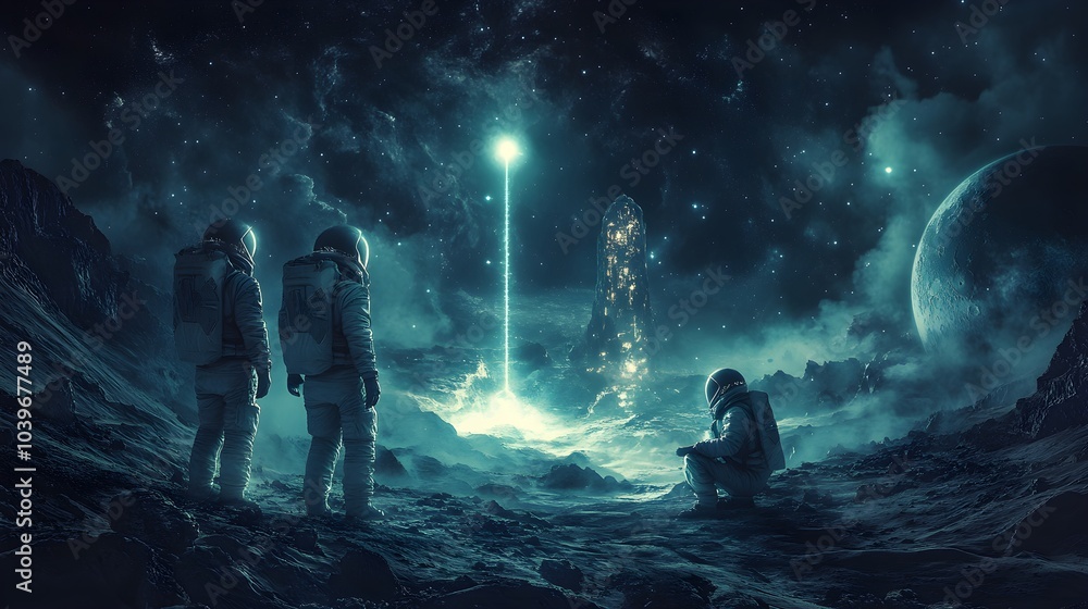 Astronauts examining levitating alien relics on a cratered moon, with ...