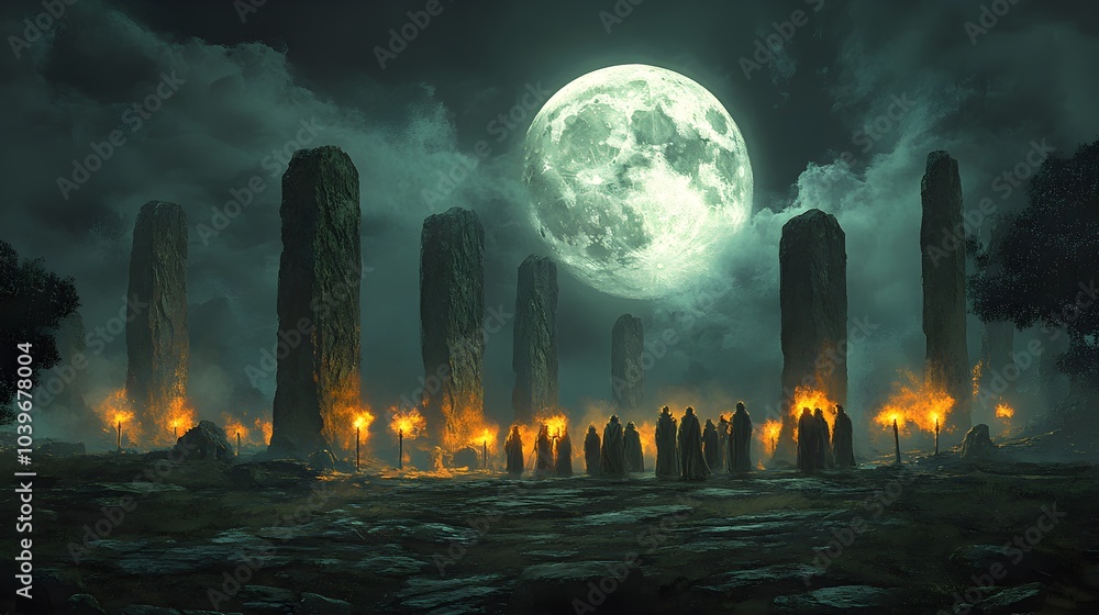 Circle of druids with torches, performing an ancient ritual beneath a ...