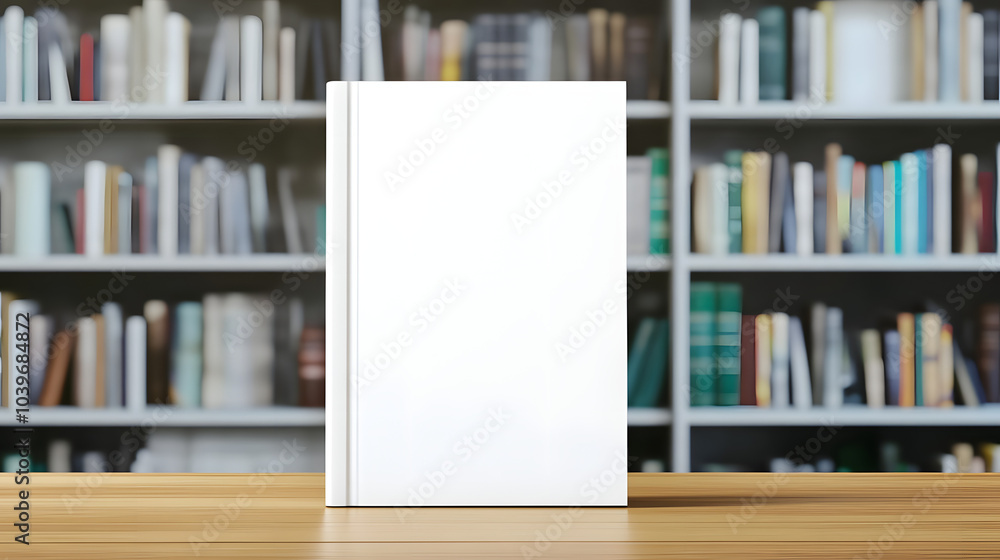 blank white book mockup stands on wooden table, with organized ...