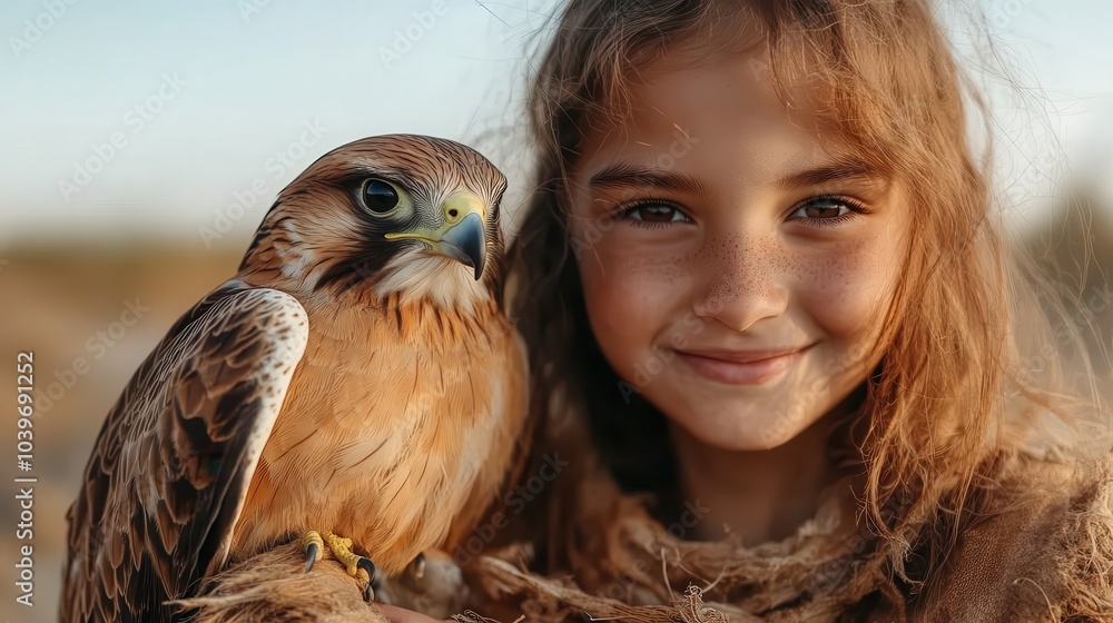 Young girl with a joyful smile holds a majestic falcon in an outdoor ...