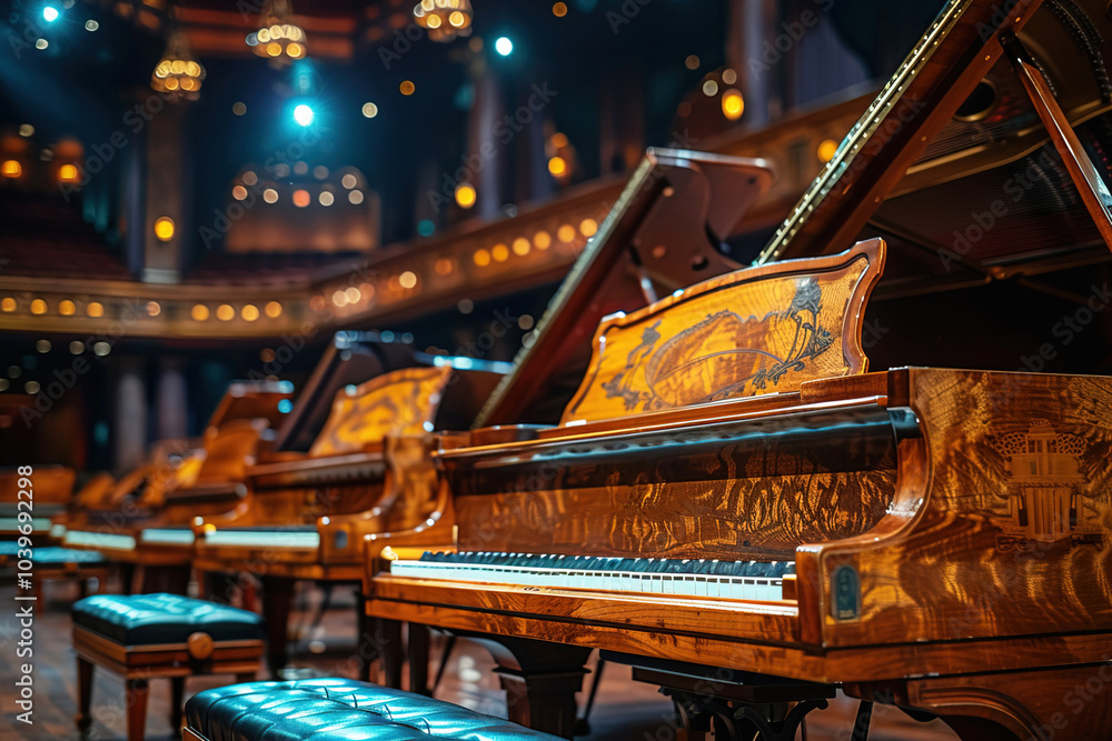 Group of musical instruments classical grand pianos stand in a row on ...