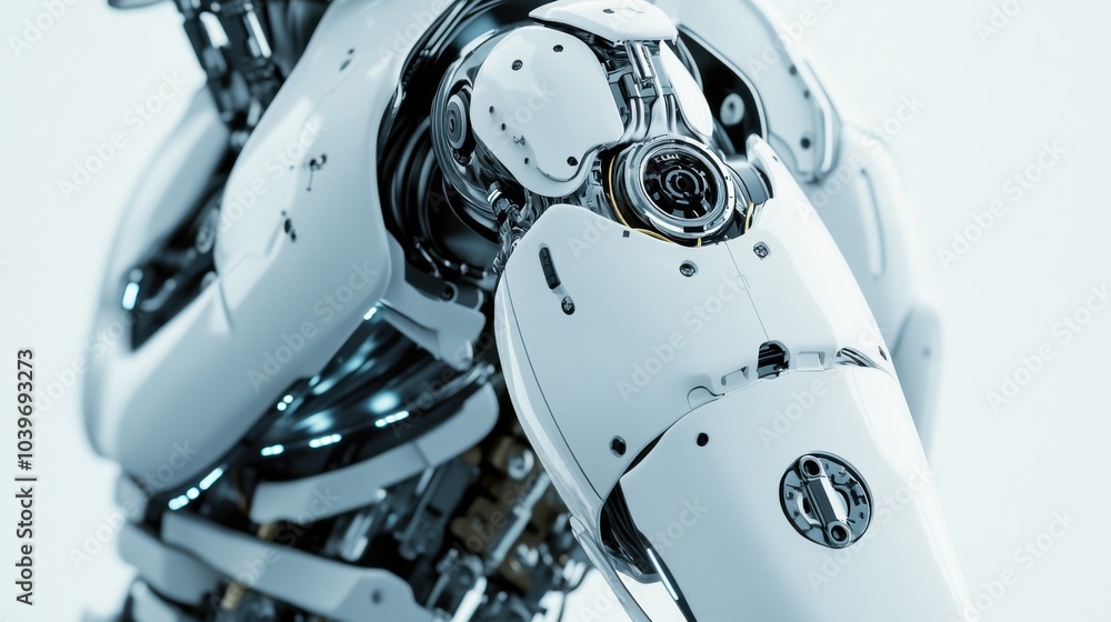 A close-up of a humanoid robot’s shoulder joint with visible servo ...