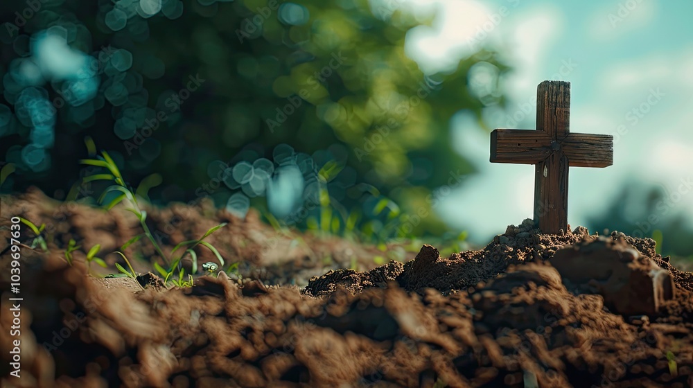 Shallow focus of a fresh earth mound seen on a recent burial in a ...