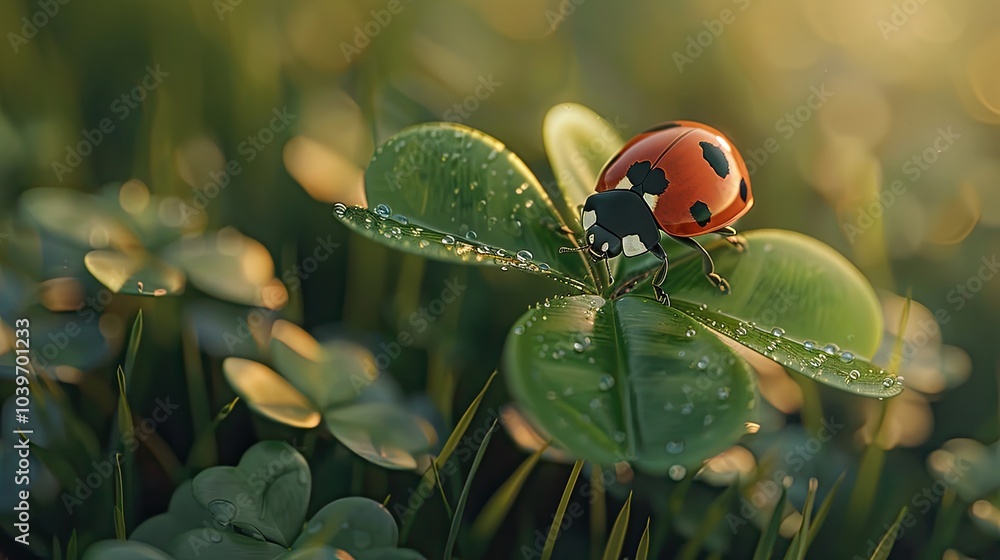 On a special four leaf clover a seven spotted ladybug lives vividly in ...