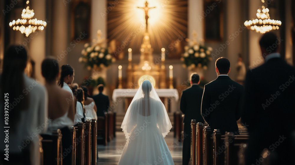 A Catholic priest holds the radiant monstrance during a wedding Mass in ...