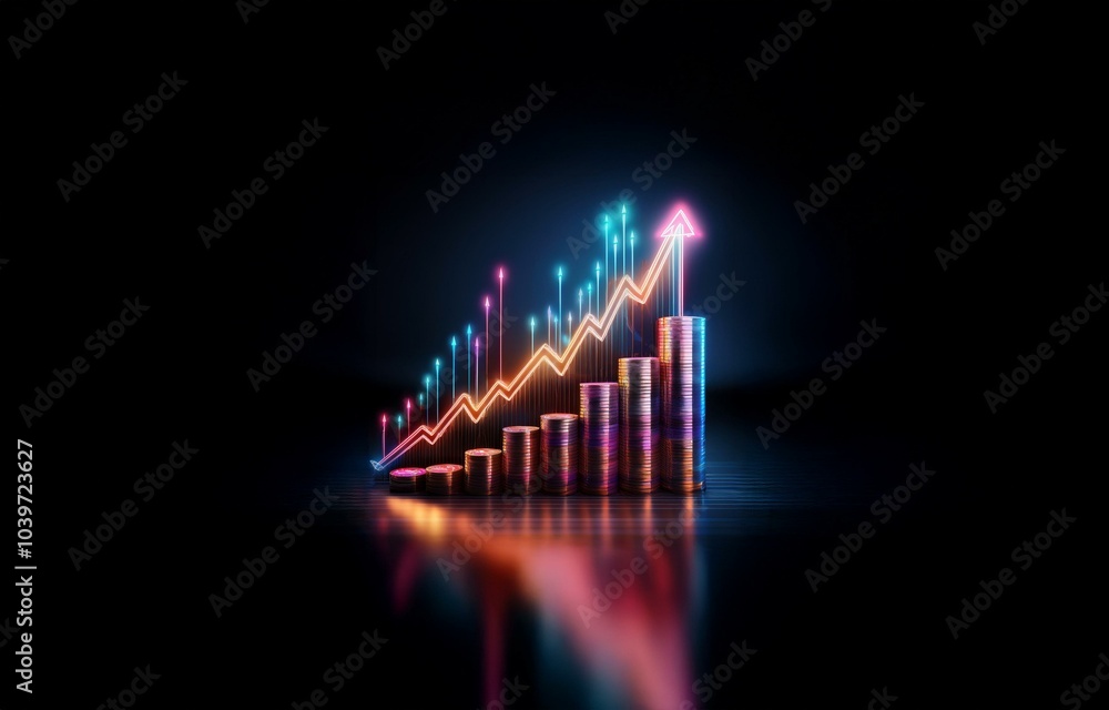A neon line graph with an arrow pointing upwards, depicting growth ...