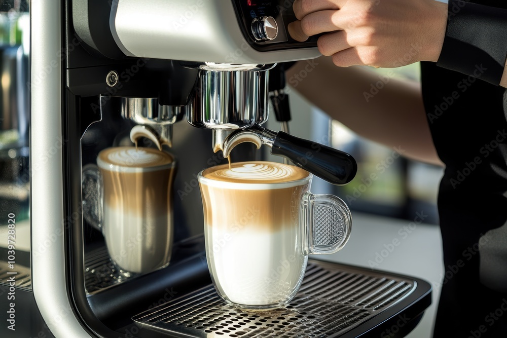 A barista pours steamed milk to create latte art in a cup, using an espresso machine in a modern ...