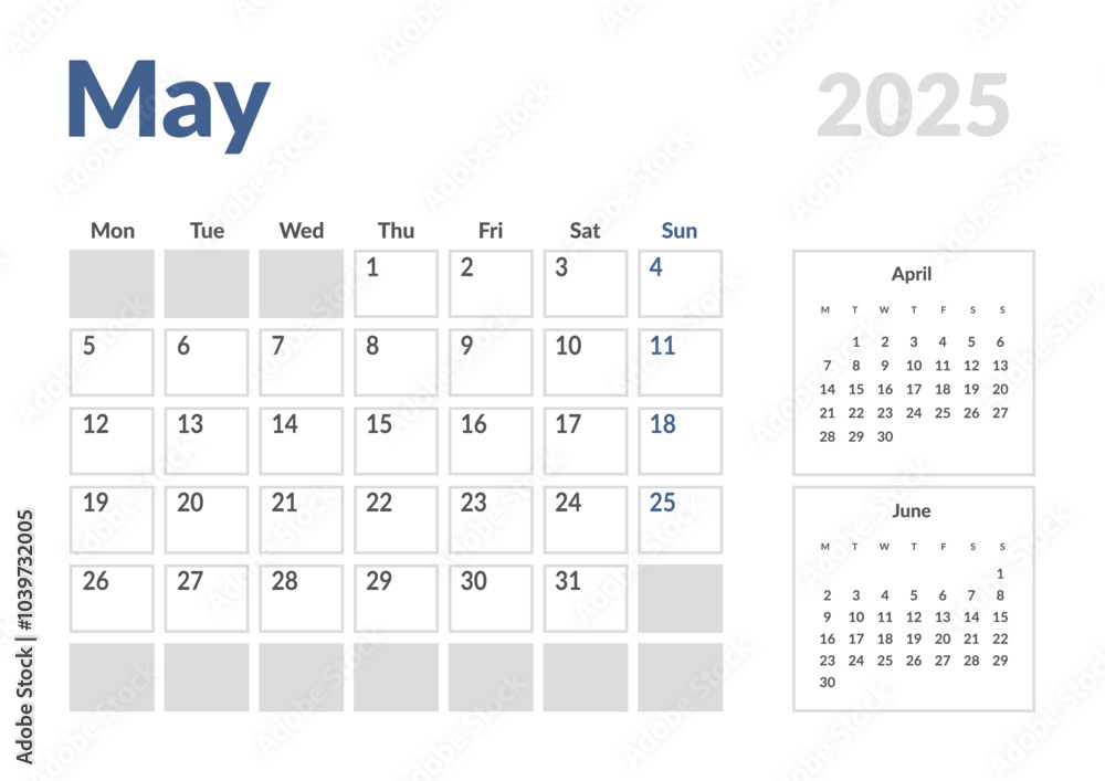 Monthly page Calendar Planner Template of May 2025. Vector layout of ...