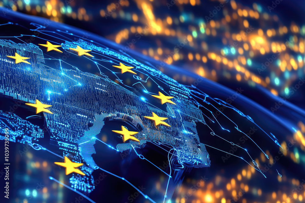 Digital Map of Europe, illuminated blue map displaying network ...