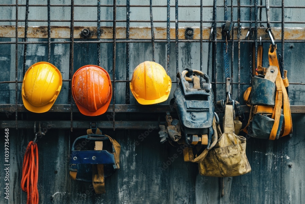Construction safety equipment, with workers using helmets, gloves, and ...