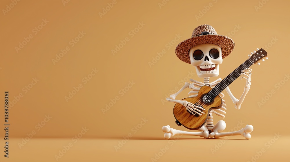 Chibi skeleton wearing a tiny bowler hat, playing a guitar, cute ...