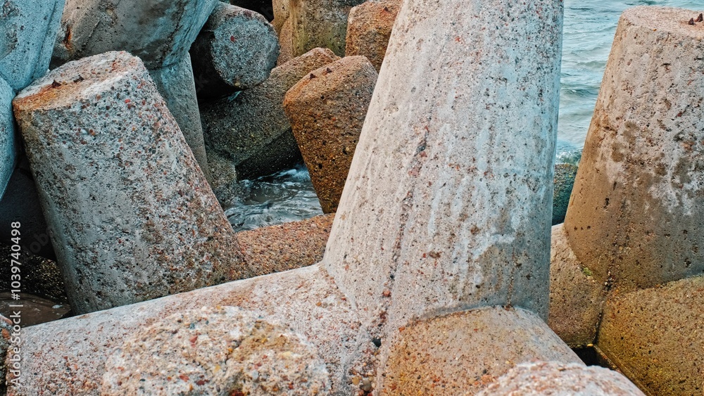 Sea Waves Hitting Shore with Splashing on Heavy Concrete Tetrapod ...