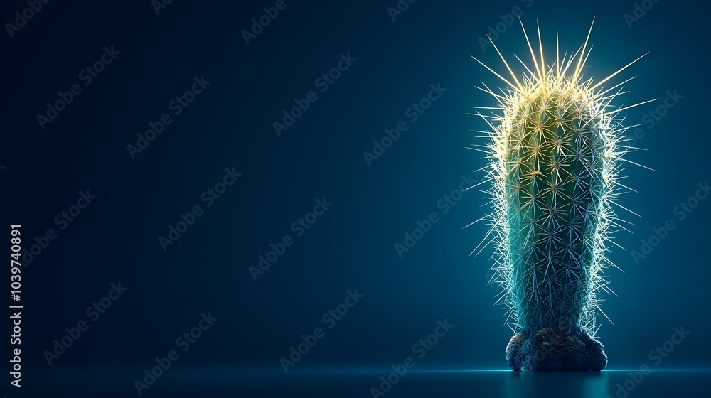 Striking digital of a cactus with glowing mesh lines tracing the sharp ...