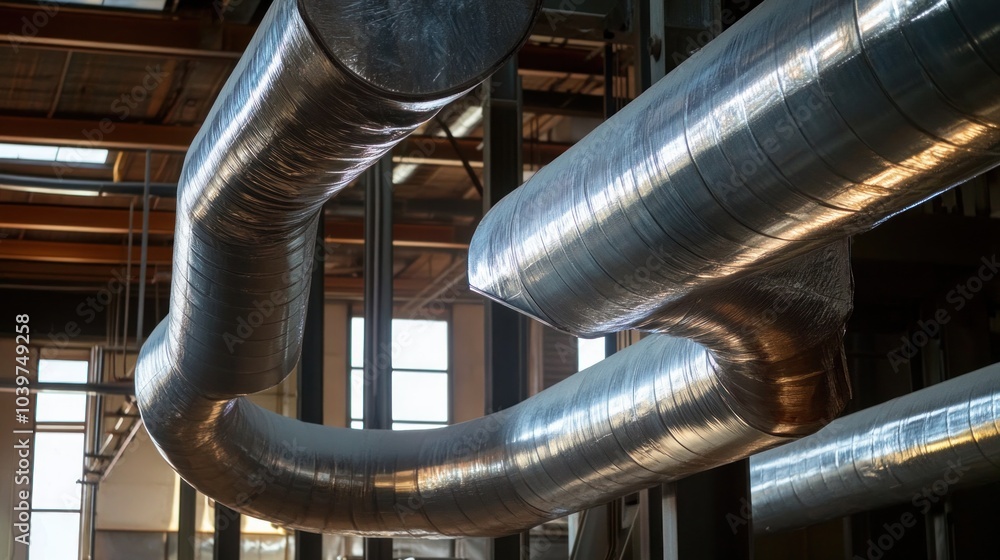 Ventilation pipe in an industrial setting, showing a large metallic ...