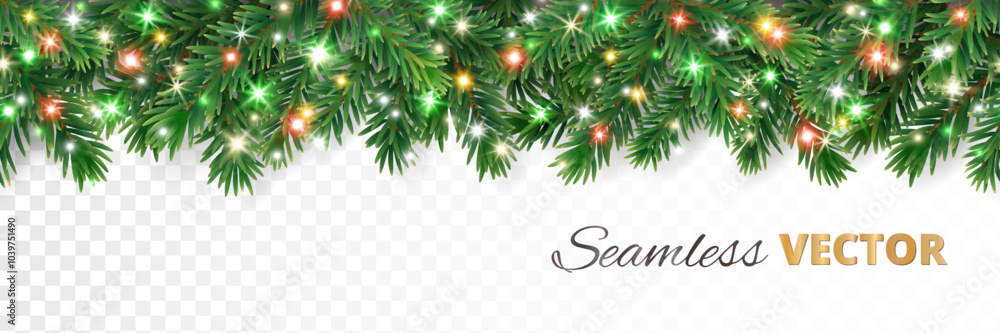 Christmas tree seamless garland with glowing sparkling Christmas lights ...