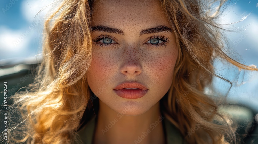 Close-Up Portrait of a Sun-Kissed Woman with Freckles Wearing Aviator ...