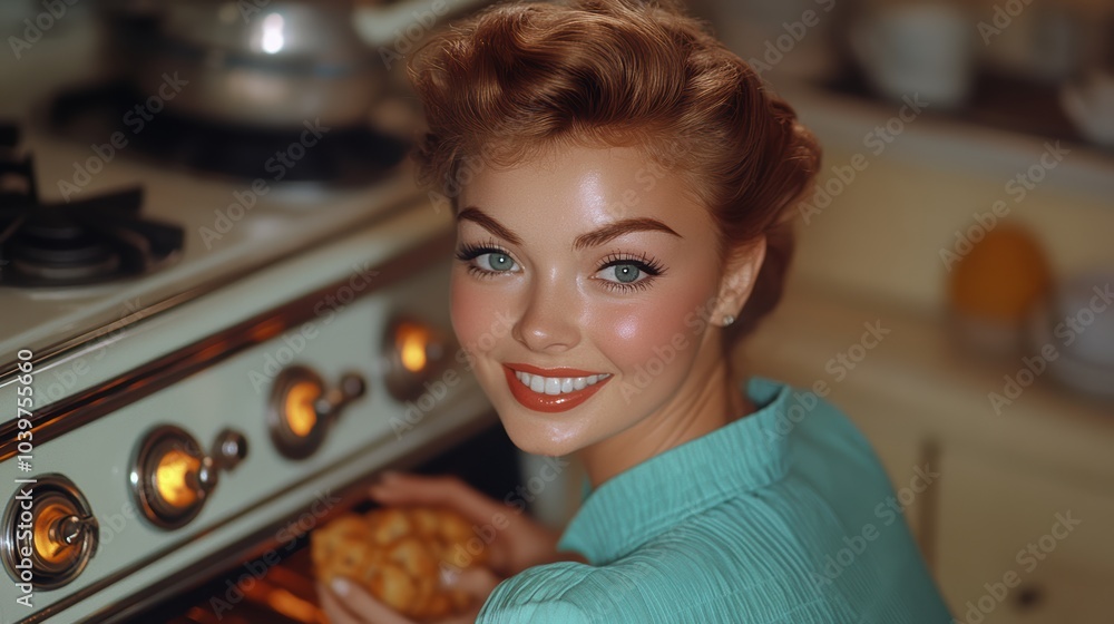 Retro Pinup Woman Smiling While Putting Something in the Oven, Wearing ...
