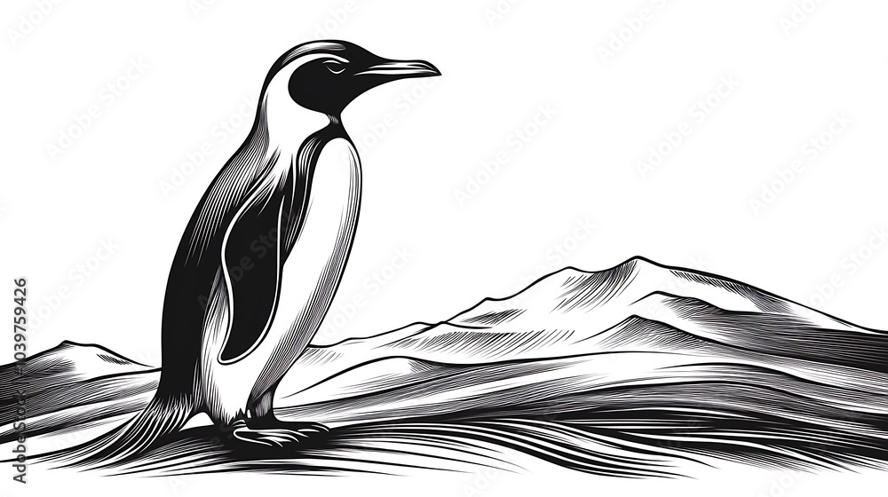 Simple outline of a penguin standing tall, minimalist line art on a ...