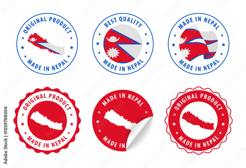 Nepal - set of stamps and stickers with map and flag. Made in. Best ...