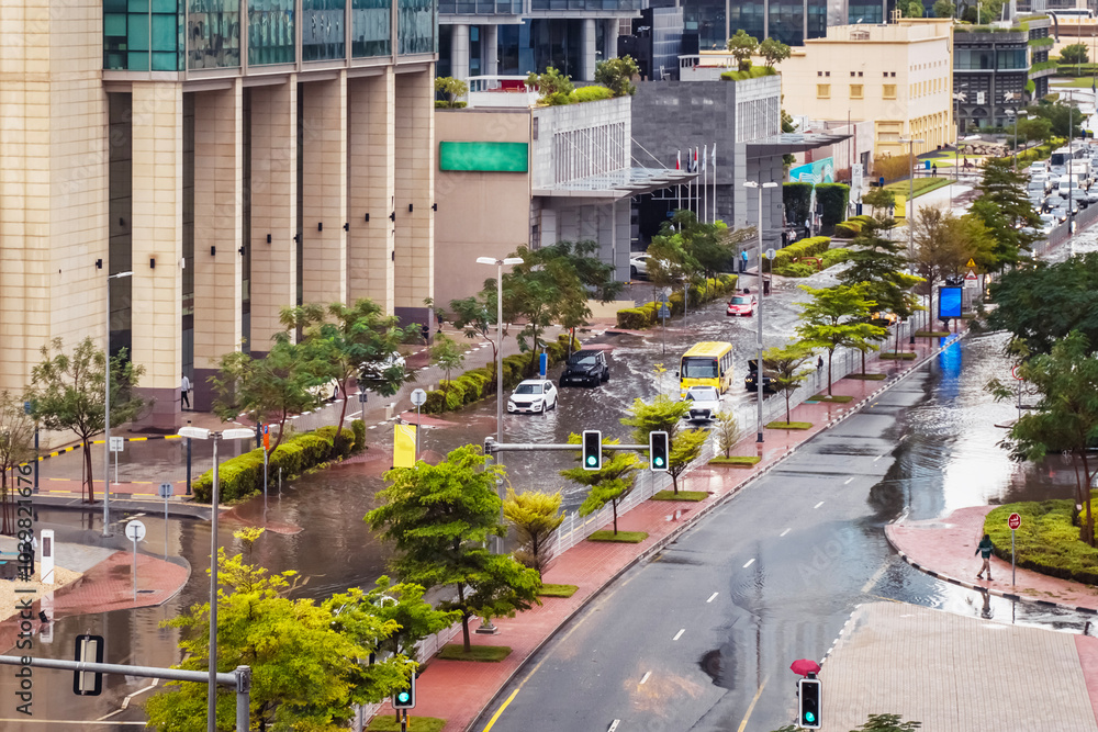 Dubai. Heavy Rain and Flooded Street in UAE. Top view. horizontal Stock ...