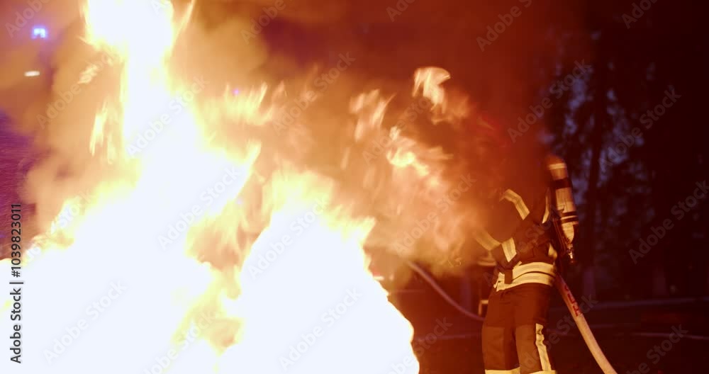 Courageous fireguard in full equipment and helmet standing outdoor at ...