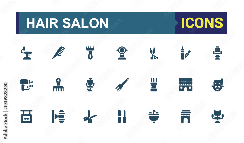 Hair salon solid icon collection. Related to scissors, blow dryer, comb ...